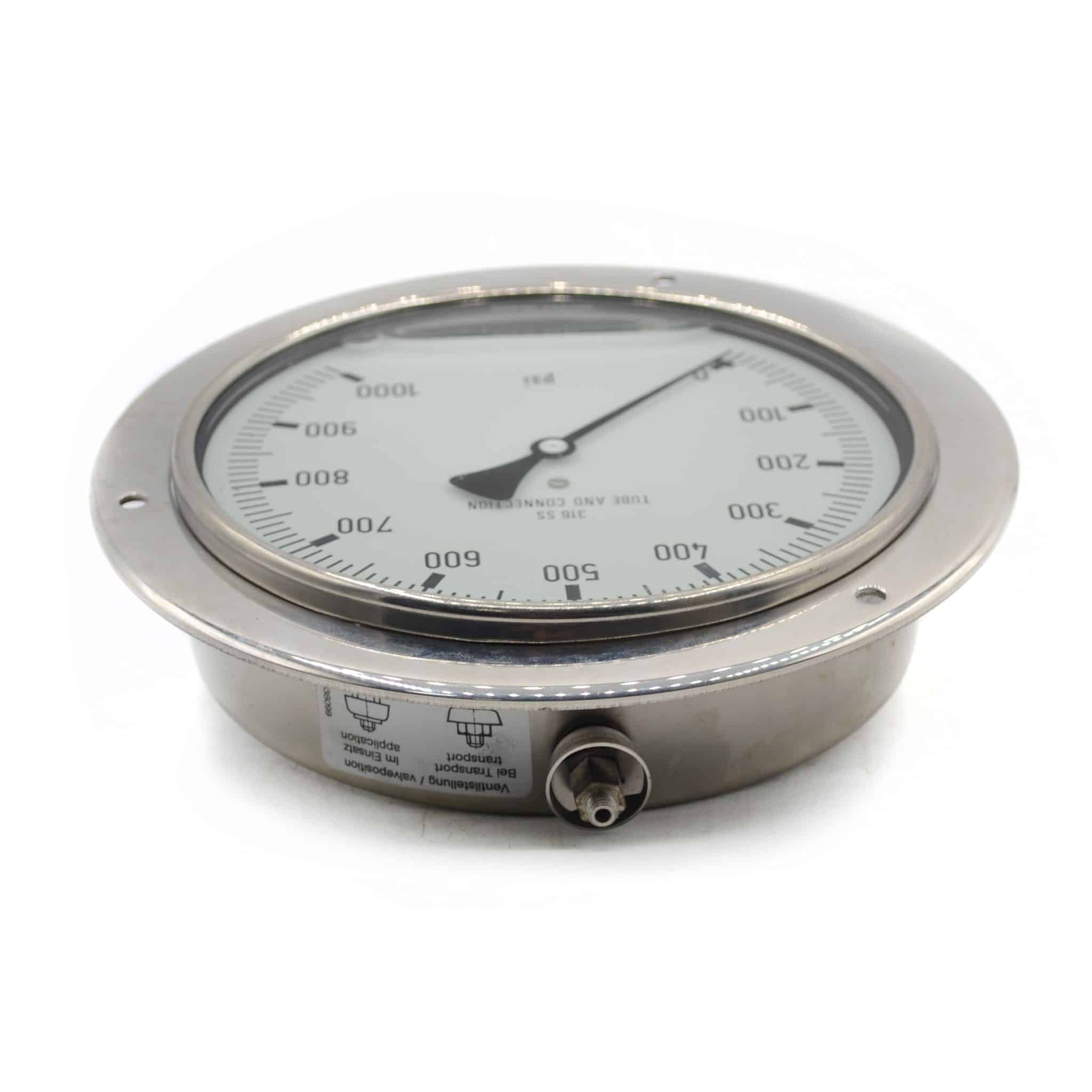 MANÓMETRO 0-1000 PSI – 6″ X 1/2″NPT WIKA ACERO INOXIDABLE CON CONEXIÓN POSTERIOR CON GLICERINA ...